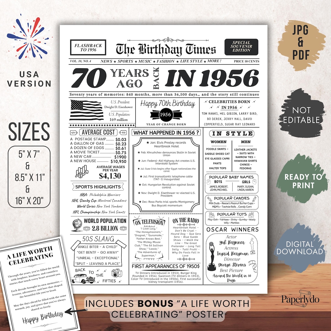 1956 Black & White Birthday Newspaper, 70th Birthday Gift Printable, 70 ...