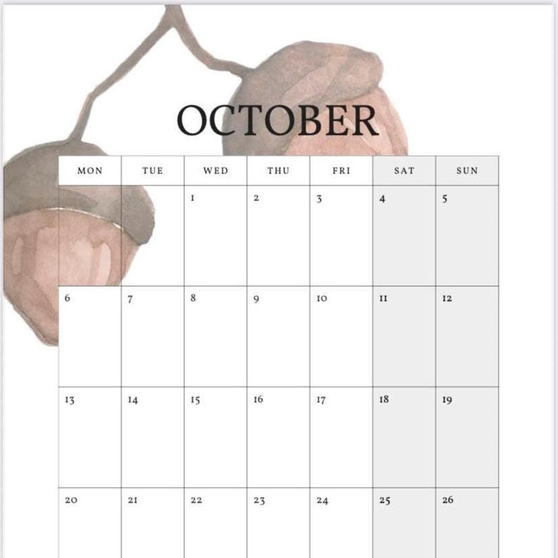 Minimalist October Calendar PDF | Autumn Monthly Calendar to Print ...