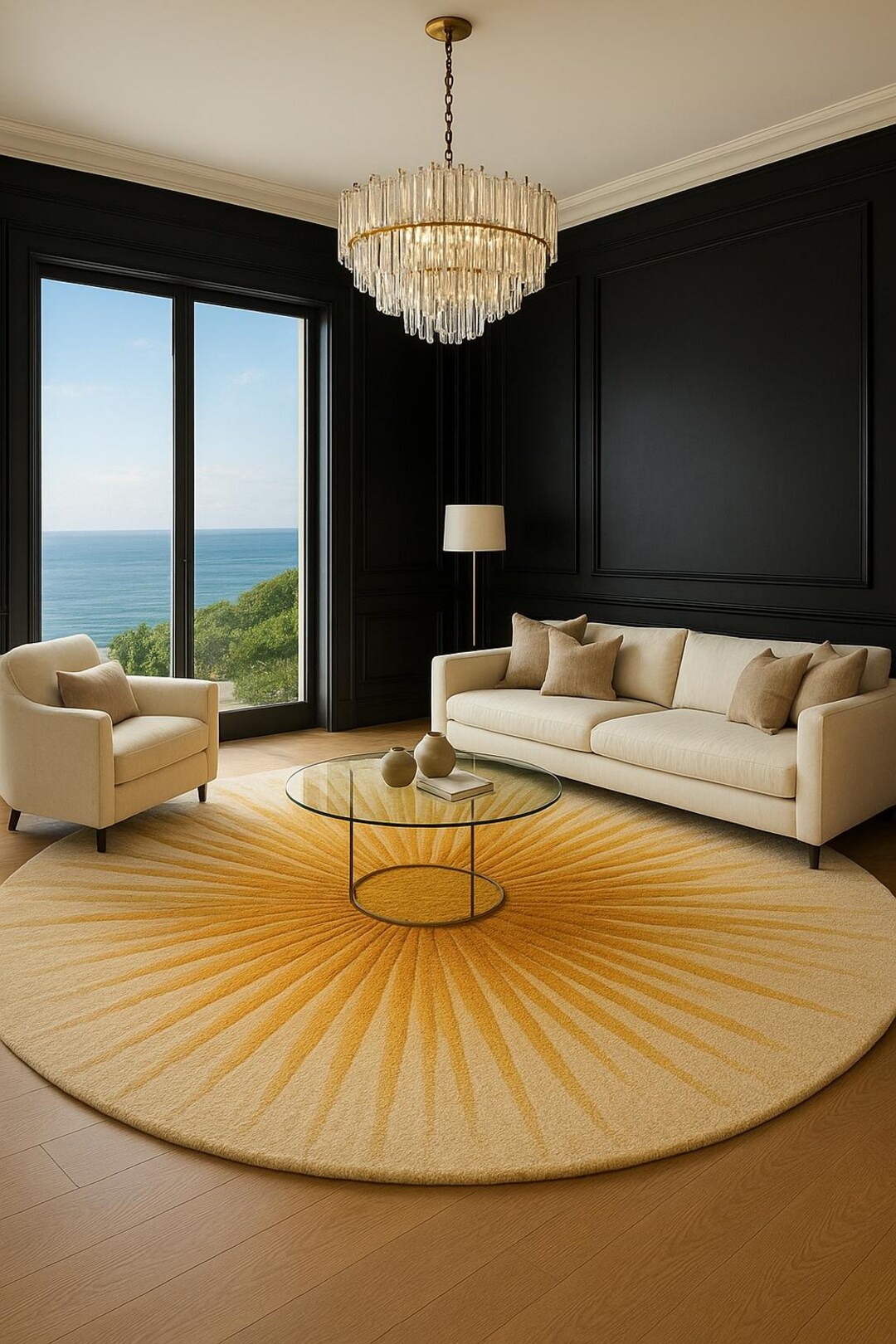 Luxury Round Hand-tufted Rug – Yellow Beige Sunray Design – Modern Art ...