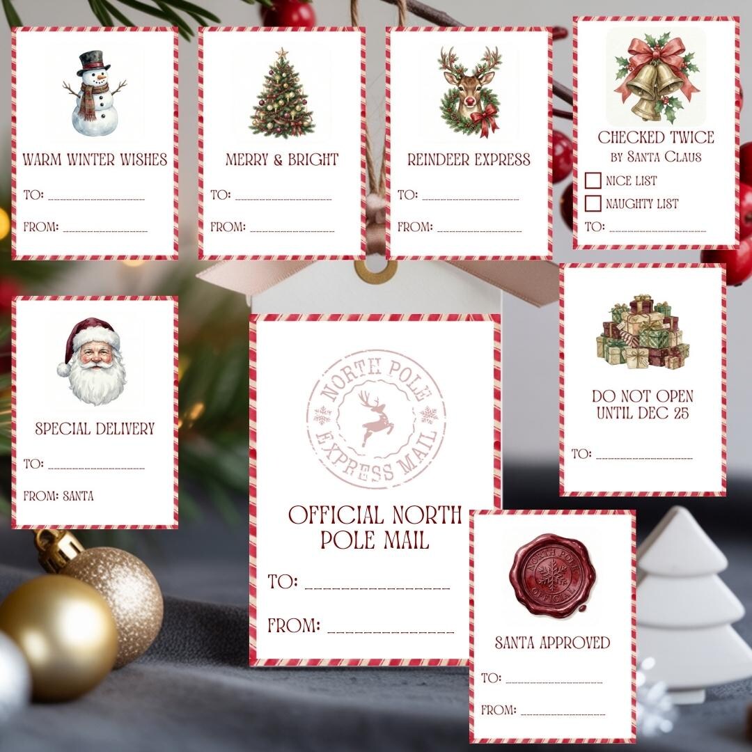 Printable Christmas Gift Tags, Vintage Santa & Rudolph Labels, Official ...