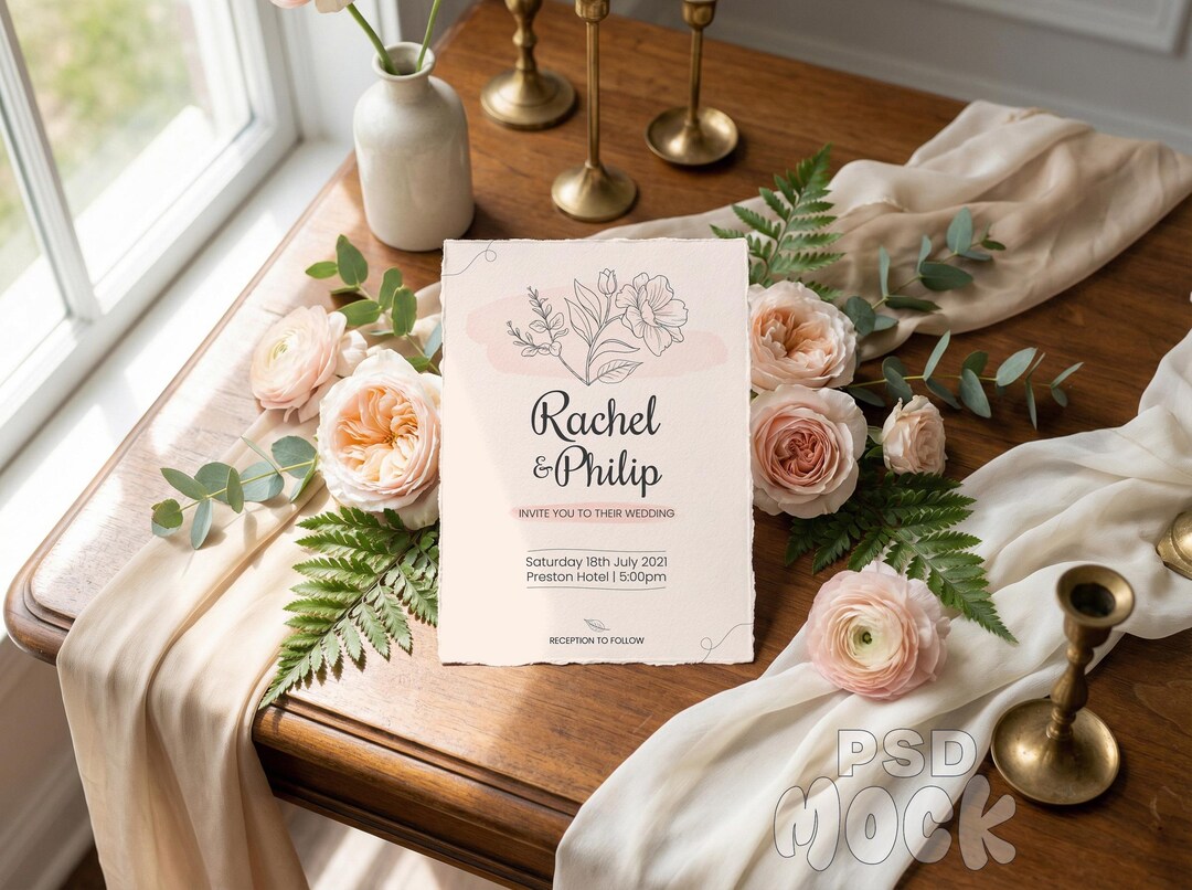 5x7 Engagement Invitation Card PSD Mockup With Elegant Floral Flat Lay ...