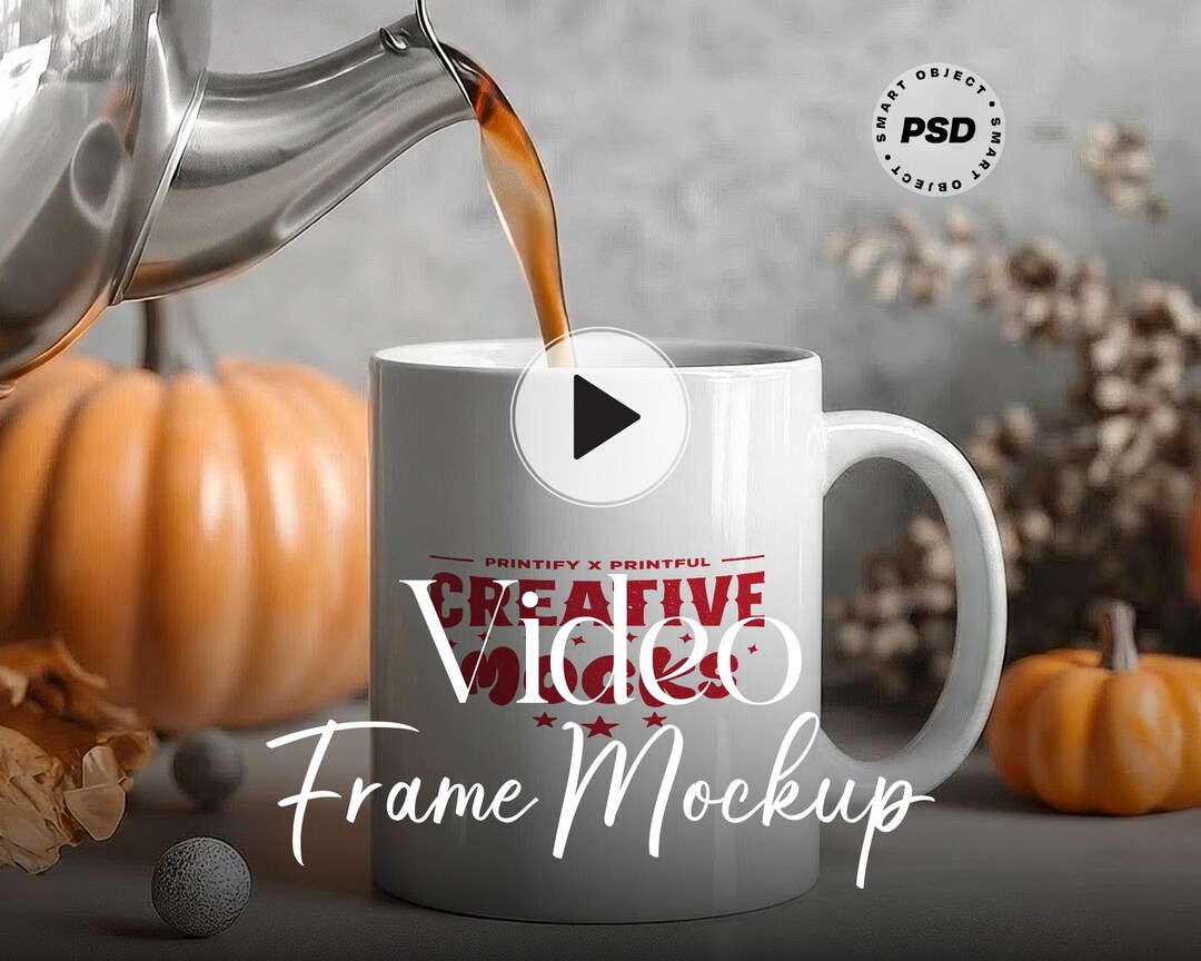 Halloween Mug Video Mockup Loop PSD Smart Object Grey Studio Pumpkin ...