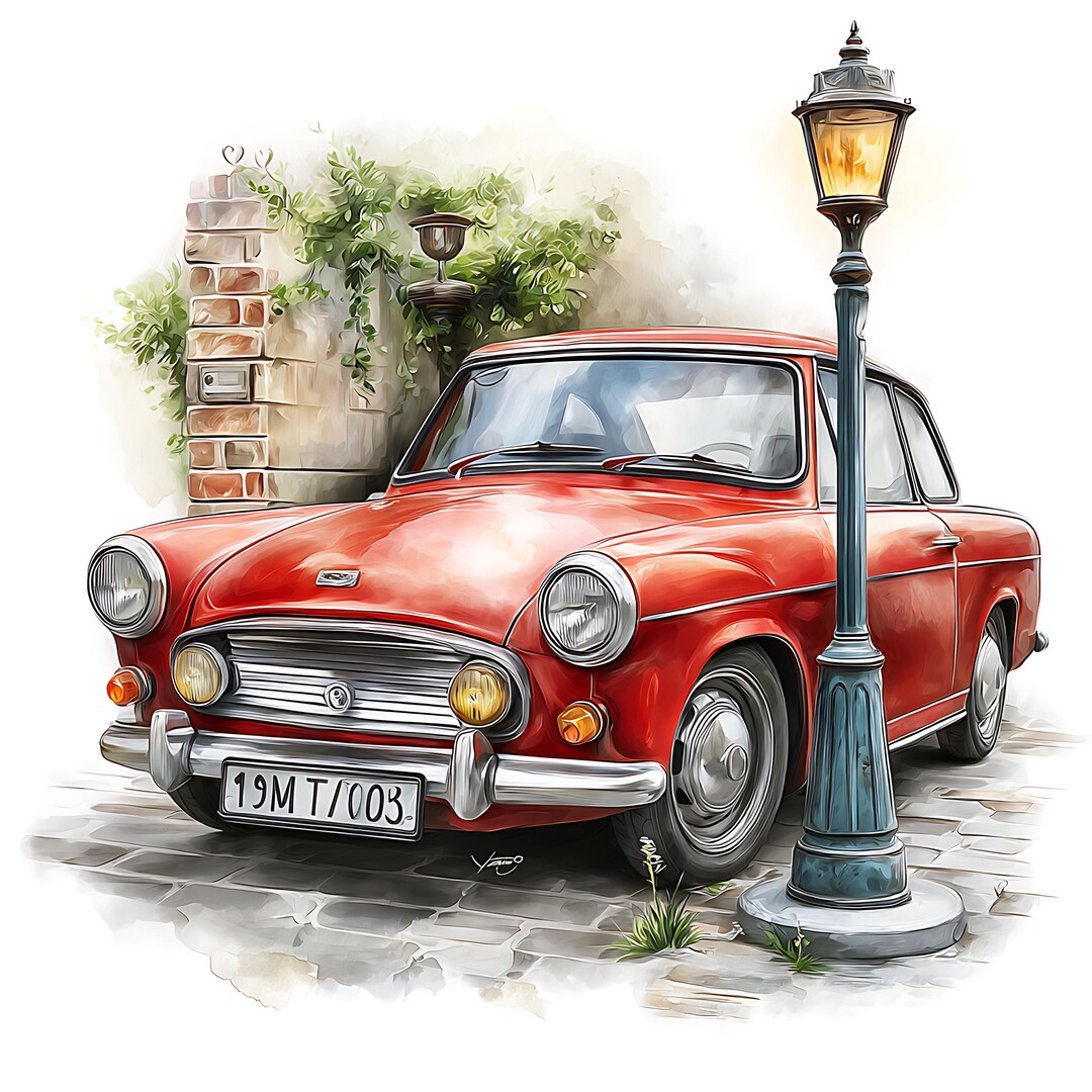Vintage Red Car Clipart, Retro Vehicle Watercolor Illustration for ...