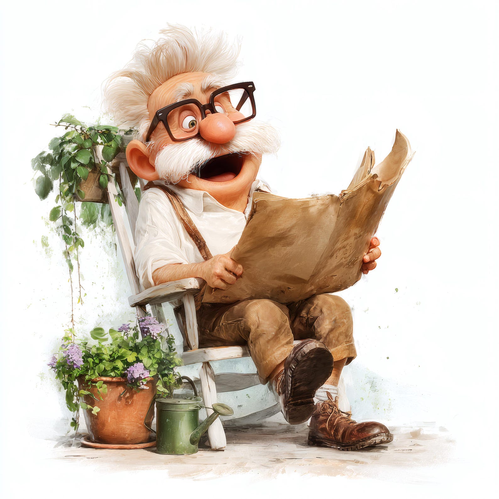 Quirky Character Illustration, Playful Man Reading Clipart, Funny Old ...