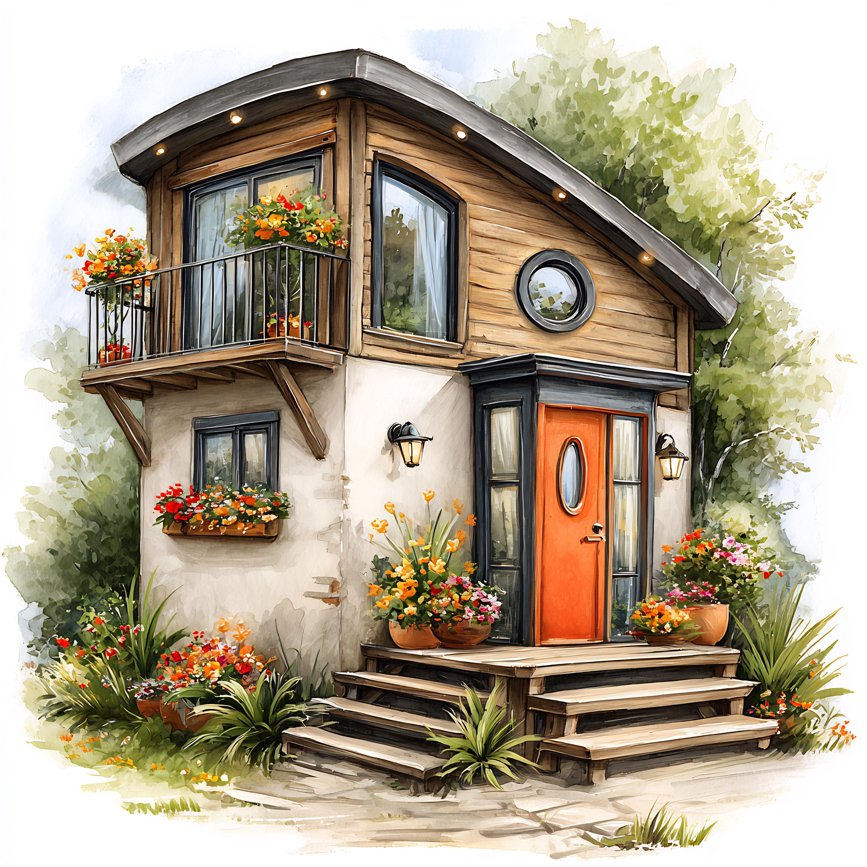 Modern Tiny House Watercolor Illustration With Glass Walls, Minimal ...