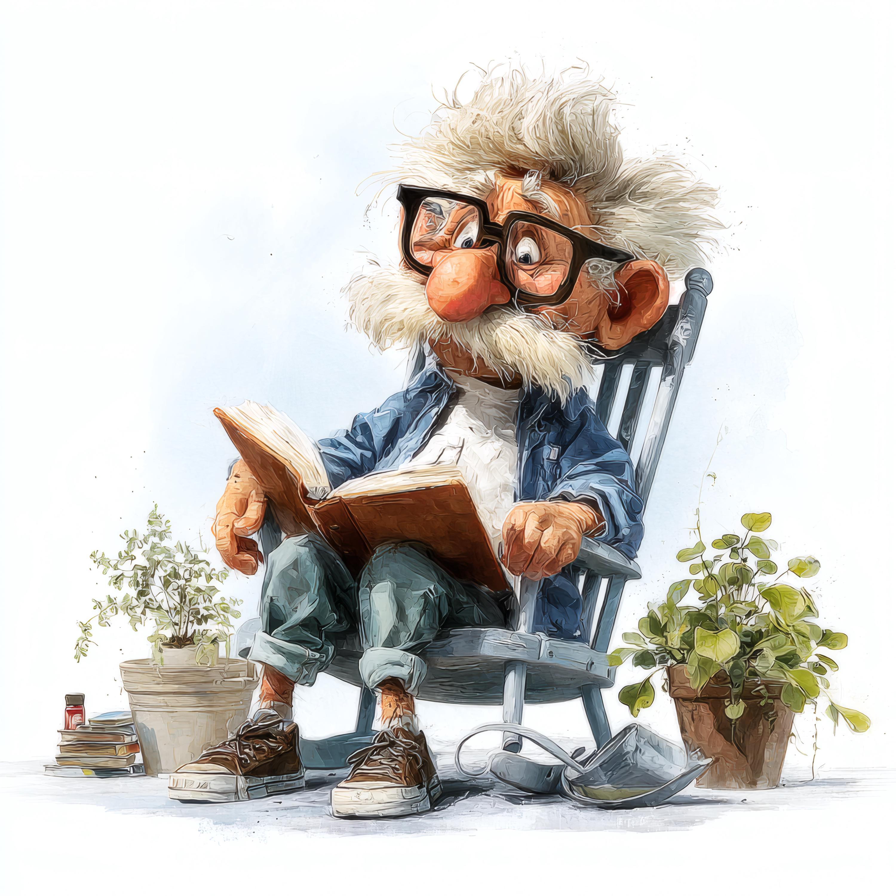 Quirky Character Illustration, Playful Man Reading Clipart, Funny Old ...