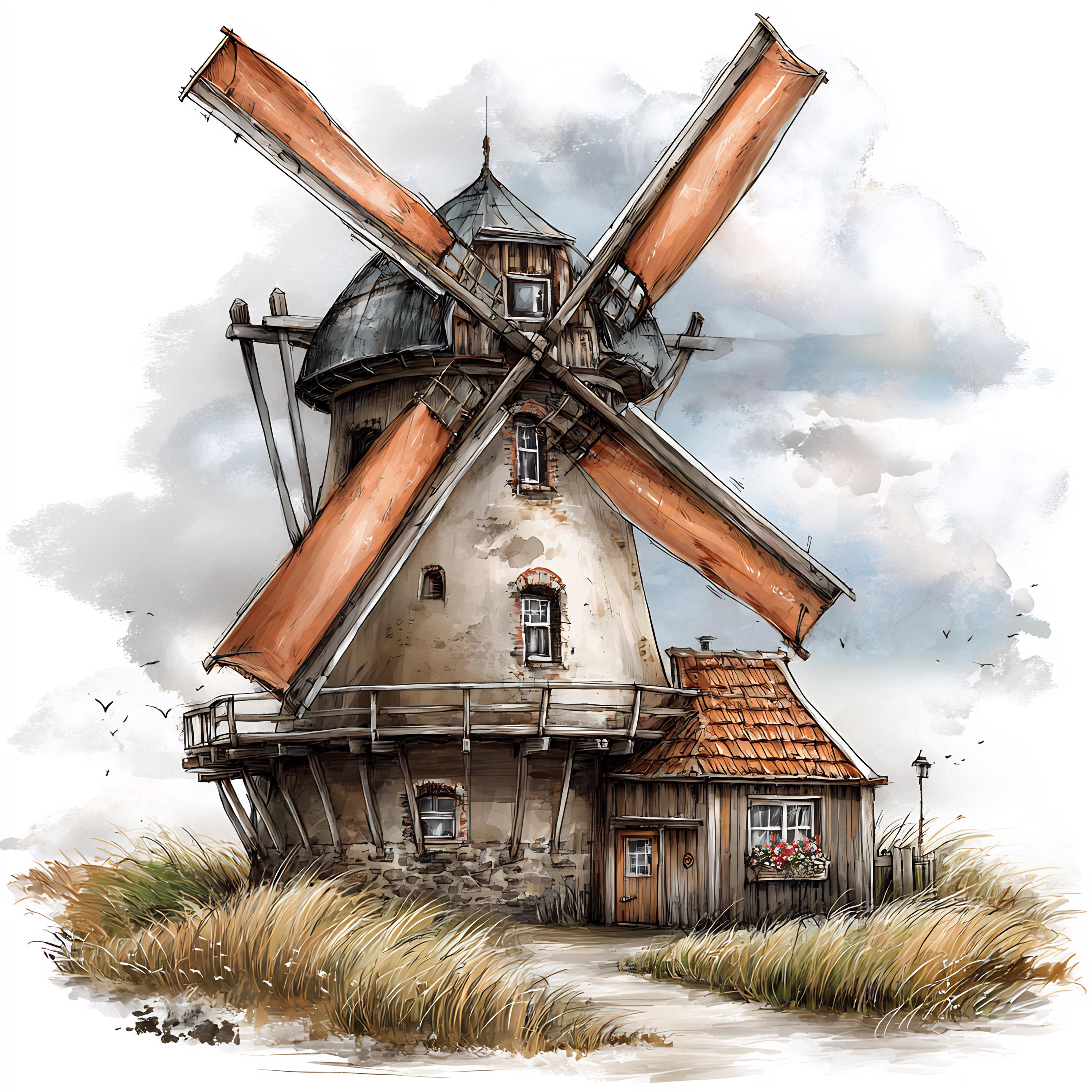 Old Wooden Windmill Watercolor Illustration, Rustic Windmill on Grassy ...