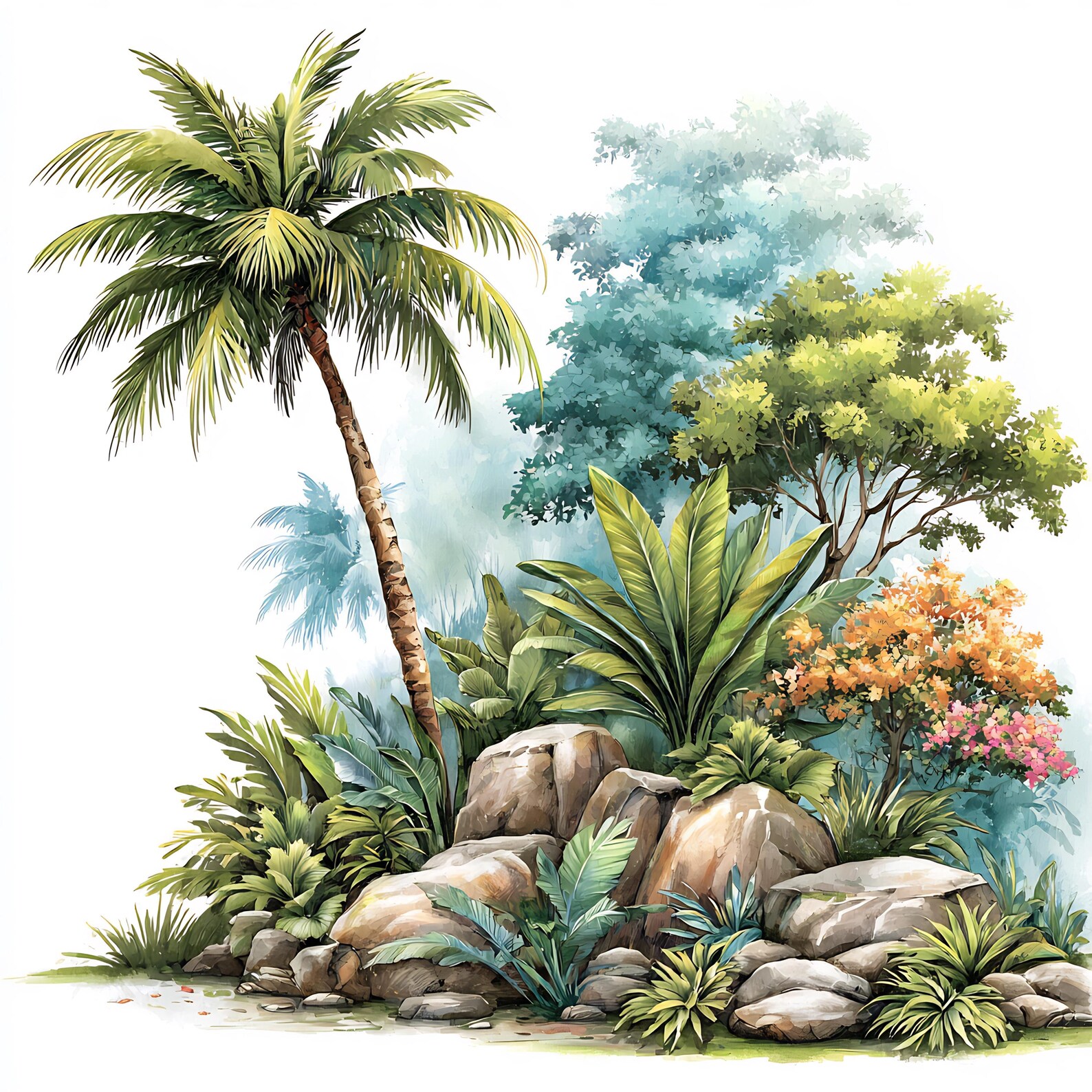 Tropical Rainforest Watercolor Illustration, Dense Green Canopy With ...