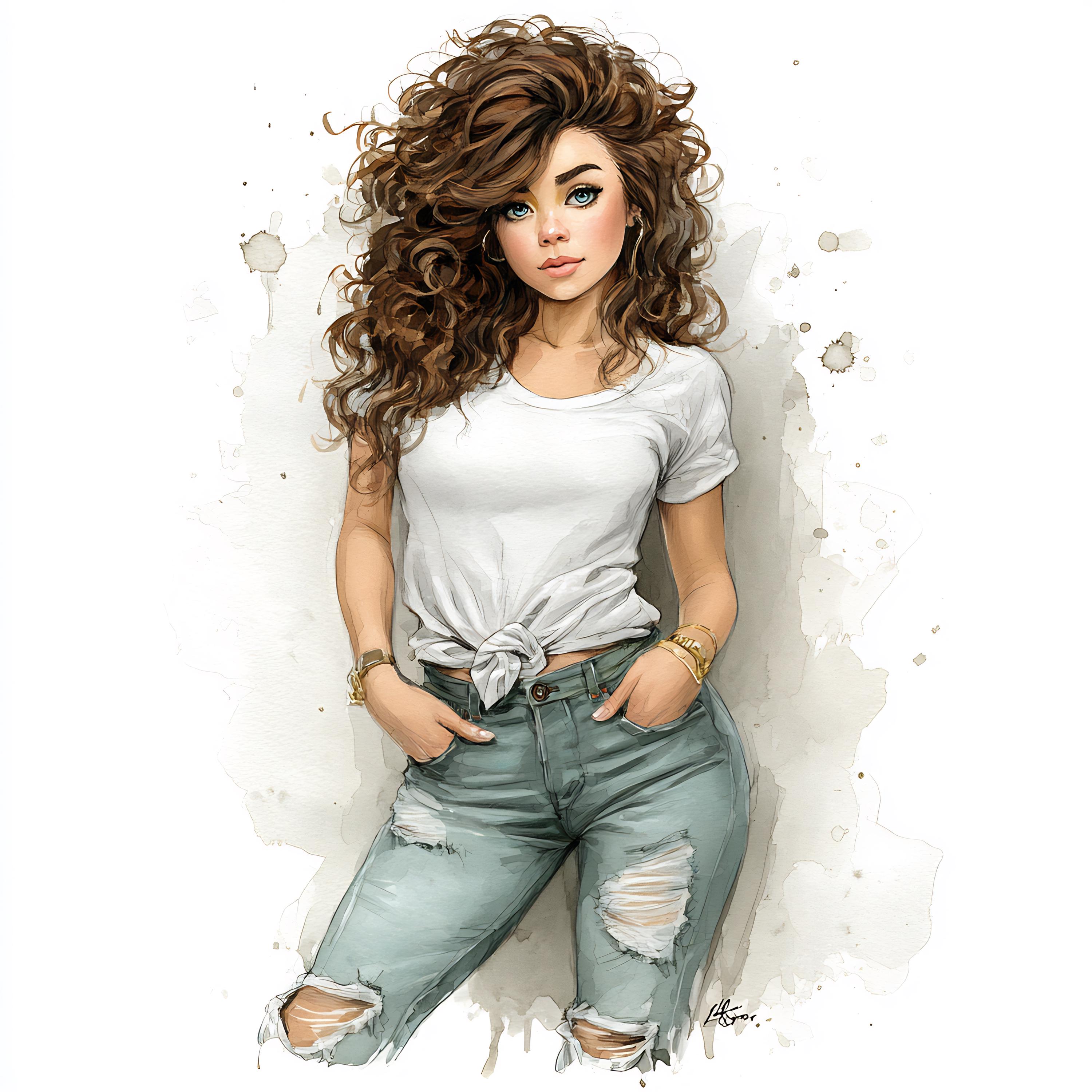 Casual Girl Watercolor Illustration, Jeans and T Shirt Art, Modern ...