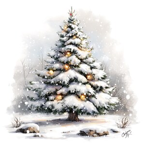 Snowy Christmas Tree Clipart, Winter Holiday Illustration, Frost ...