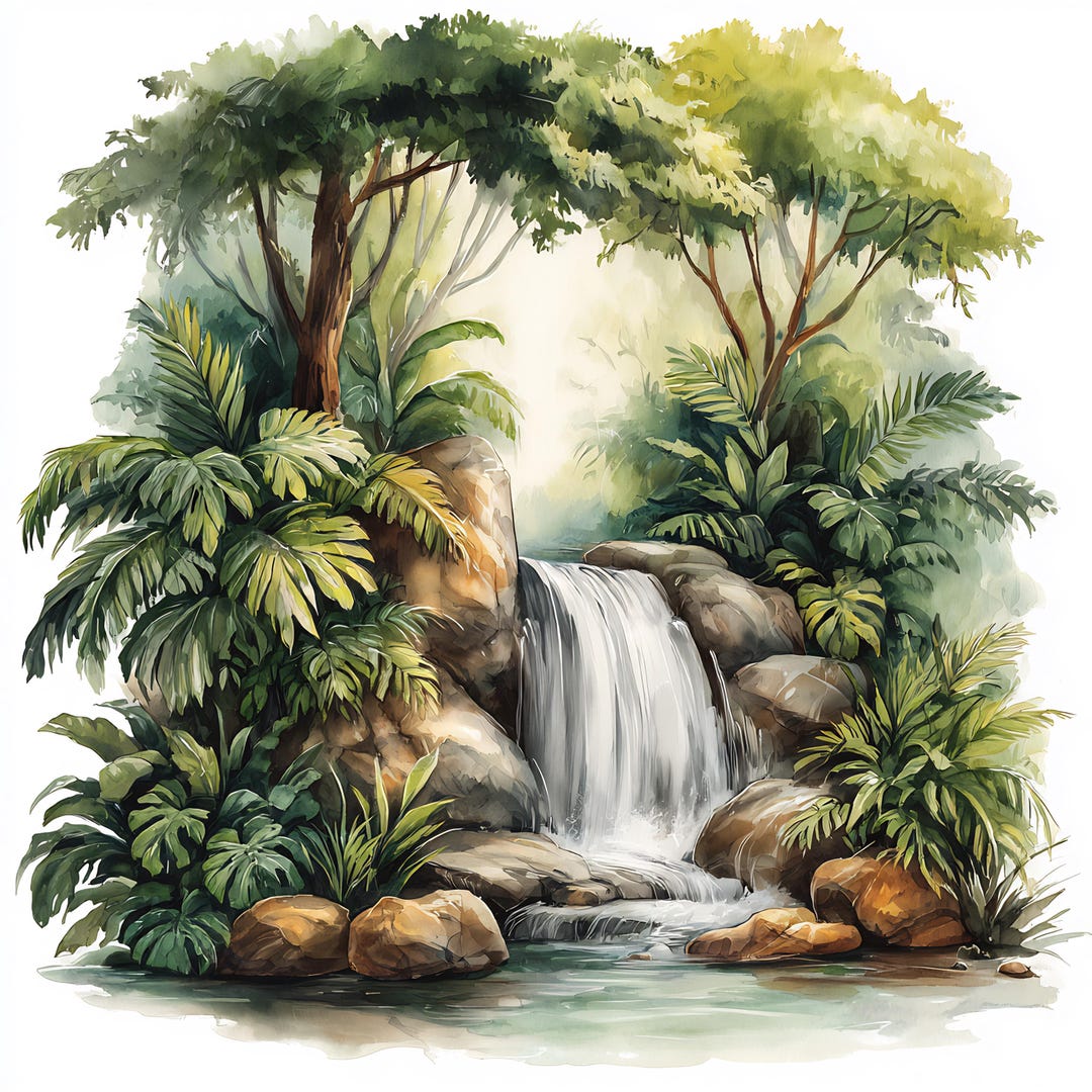 Tropical Rainforest Watercolor Illustration, Dense Green Canopy With ...