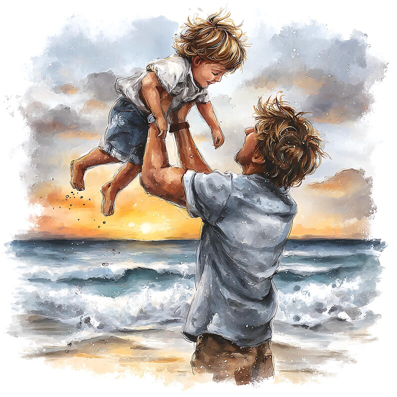 Watercolor Father Lifting Son at Beach Illustration, Playful Family ...