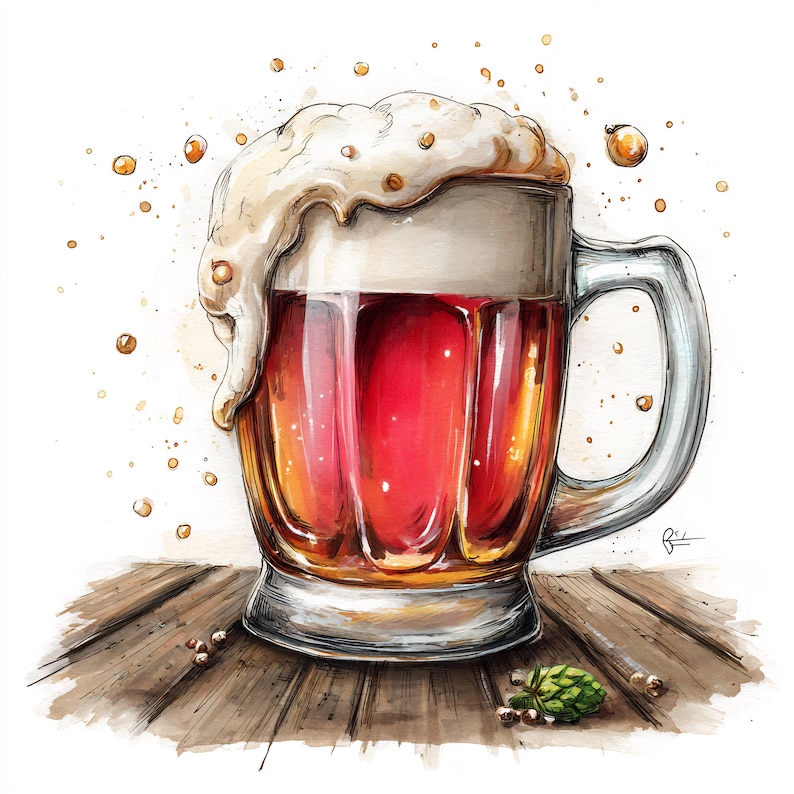 Beer Glass Illustration, Rustic Bar Decor Printable, Watercolor Style ...