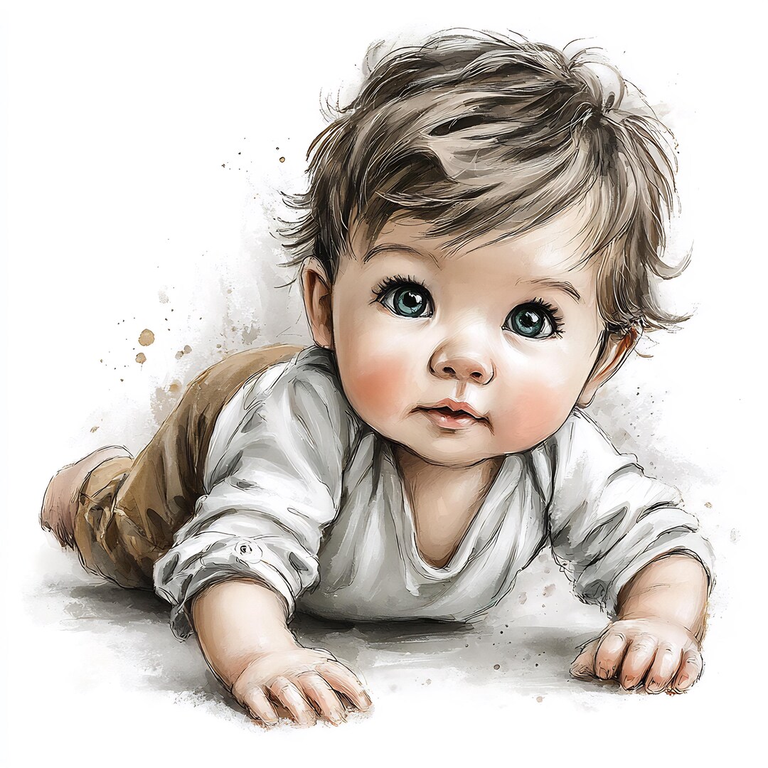 Baby Boy Illustration Crawling in Soft Pastel Onesie, Nursery Wall ...