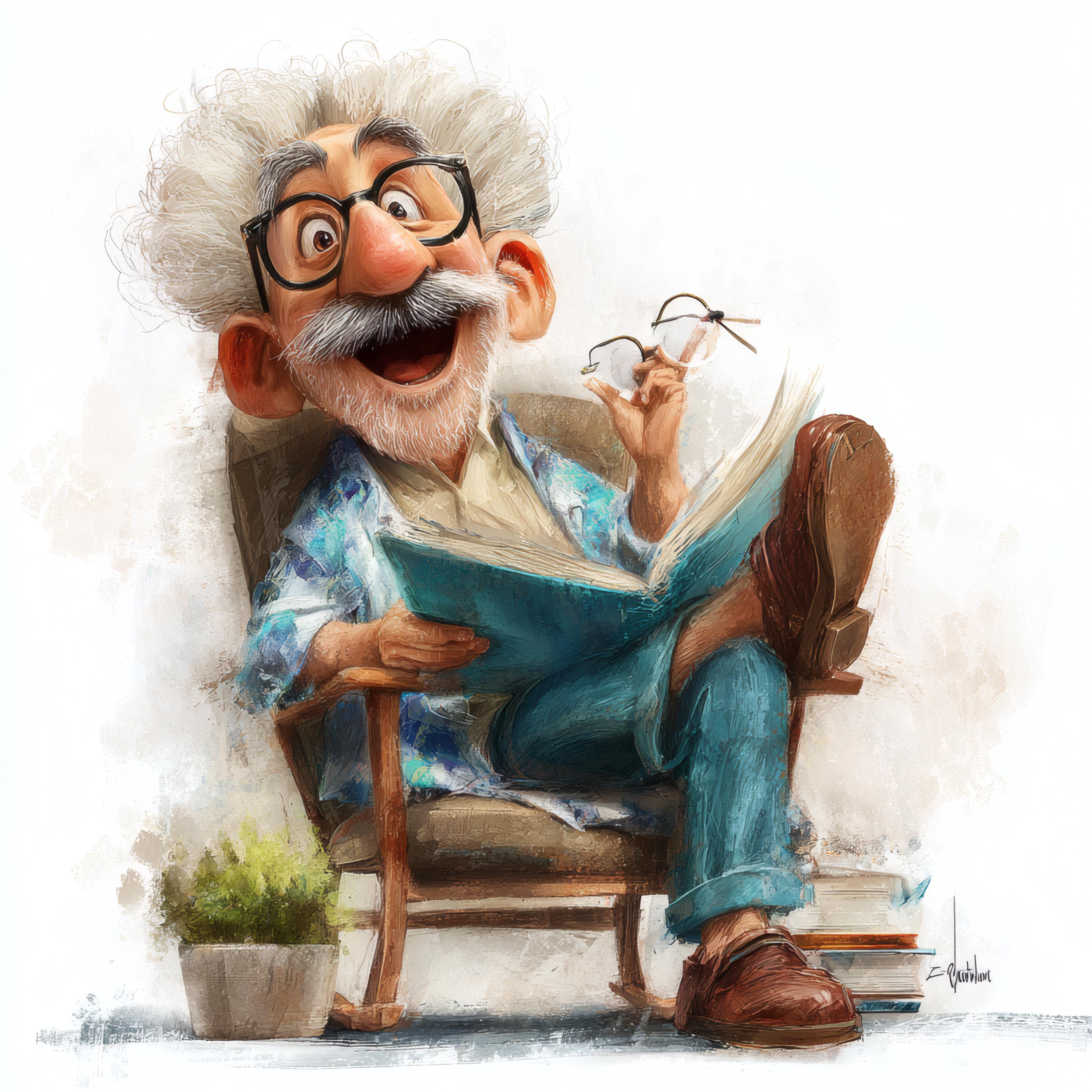 Quirky Character Illustration, Playful Man Reading Clipart, Funny Old ...