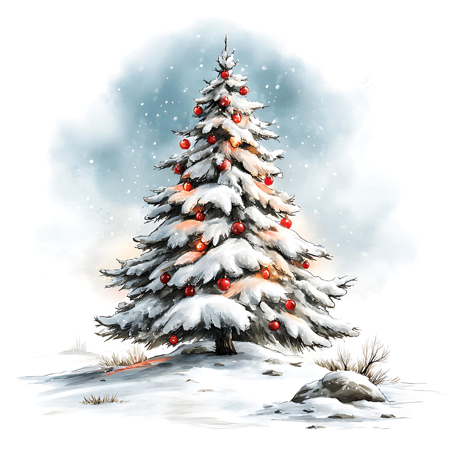 Snowy Christmas Tree Clipart, Winter Holiday Illustration, Frost ...