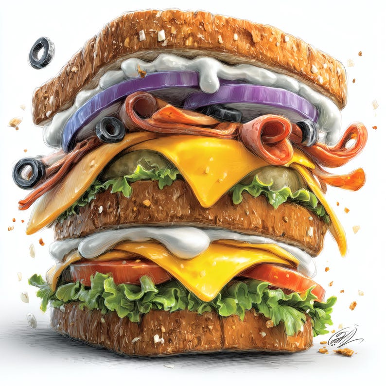 Quirky Sandwich | Whimsical Food Art | Funny Layered Lunch Illustration ...