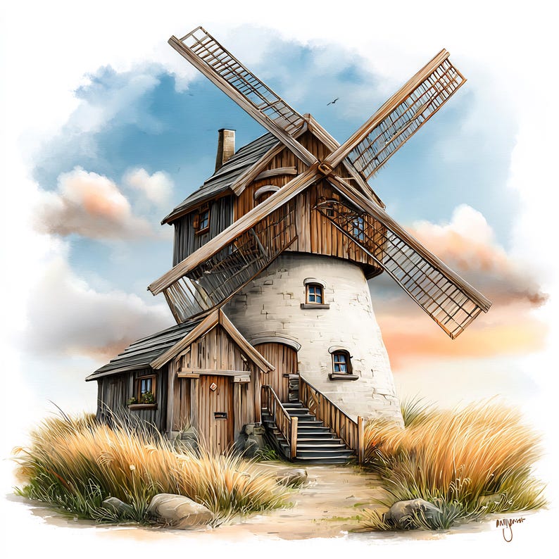 Old Wooden Windmill Watercolor Illustration, Rustic Windmill on Grassy ...