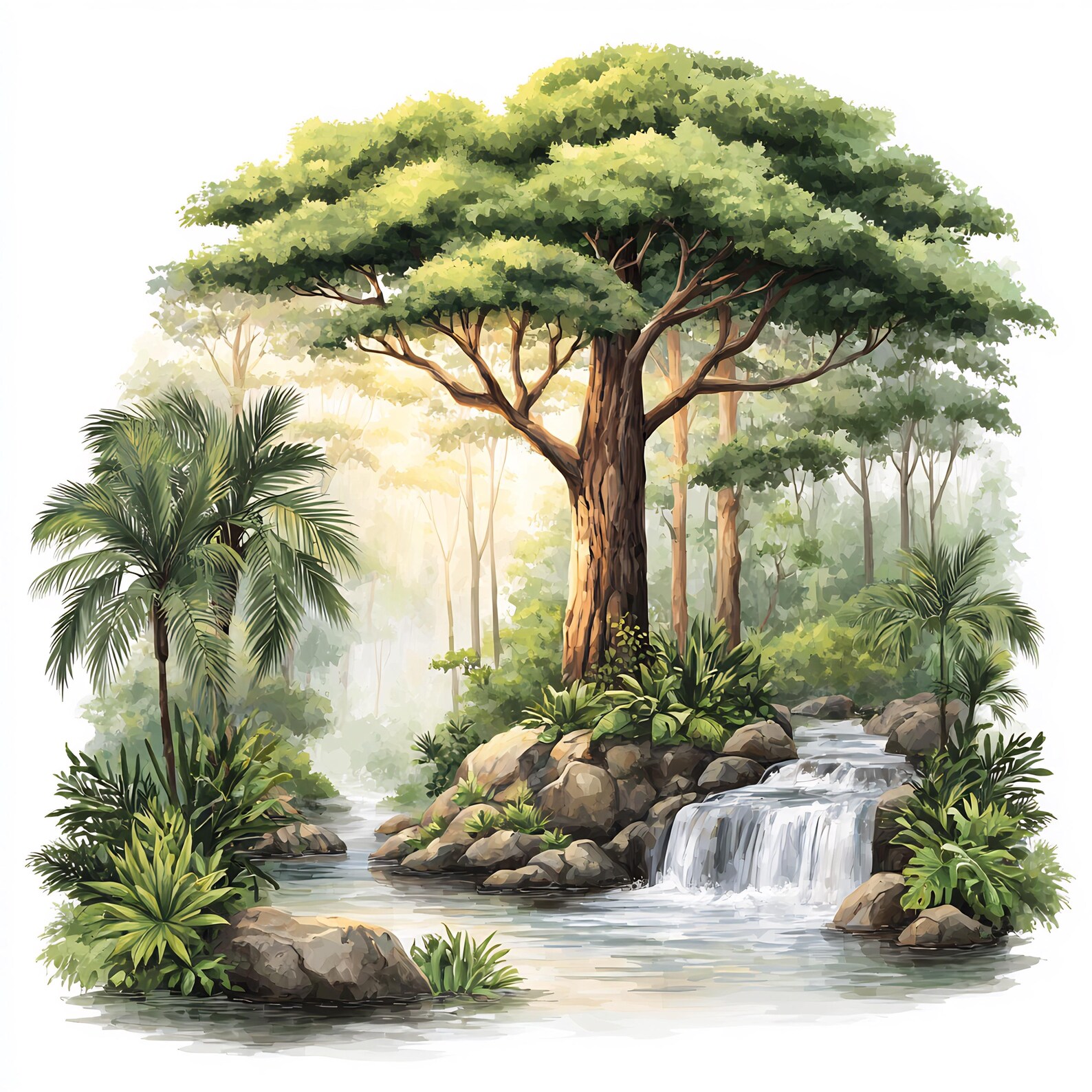 Tropical Rainforest Watercolor Illustration, Dense Green Canopy With ...