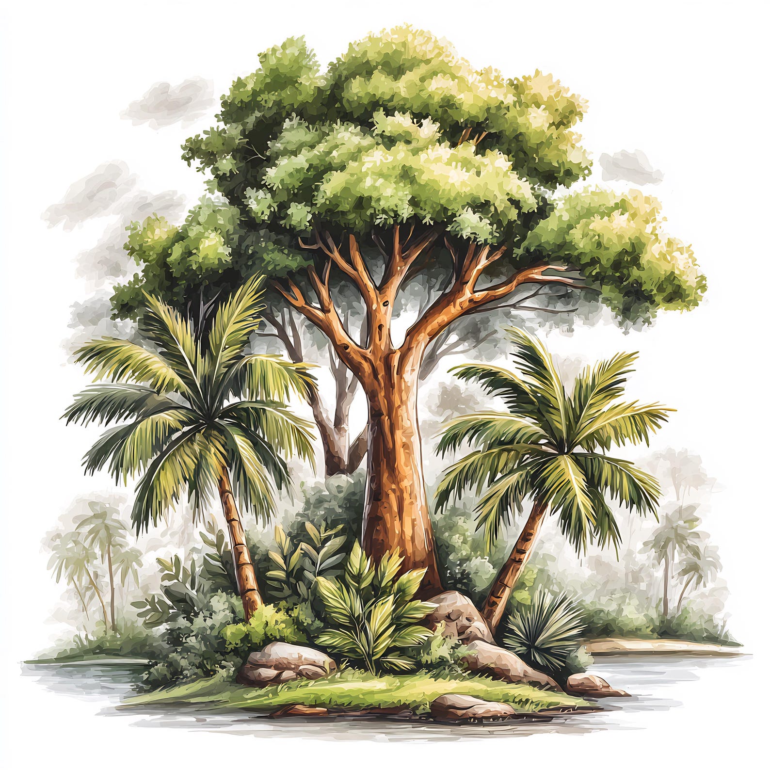 Tropical Rainforest Watercolor Illustration, Dense Green Canopy With ...