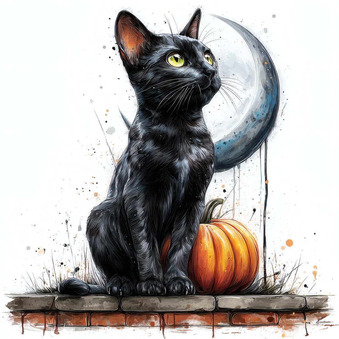 Black Cat Halloween Wall Art Printable, Spooky Moon Pumpkin Decor ...