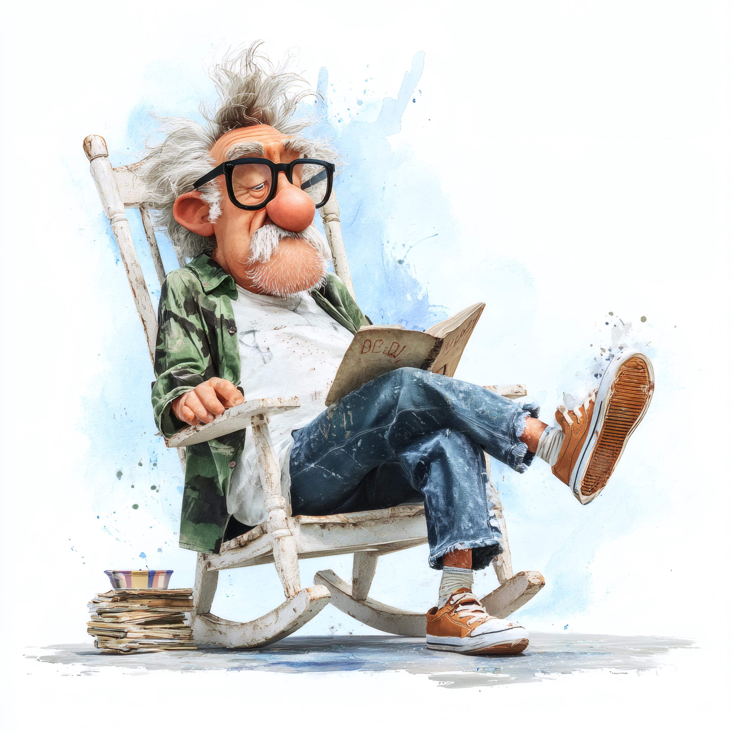 Quirky Character Illustration, Playful Man Reading Clipart, Funny Old ...