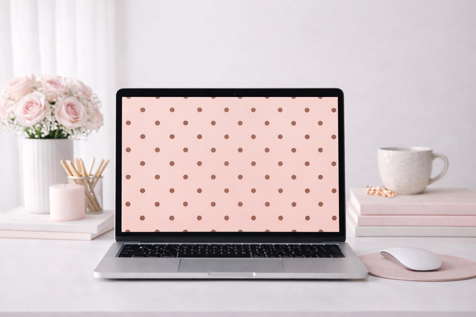 Pink Polka Dot Desktop Wallpaper, Minimal Feminine Laptop Background ...
