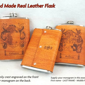 Leather Flask With Family Crest Engraved in Leather - Coat of Arms - 8 ...