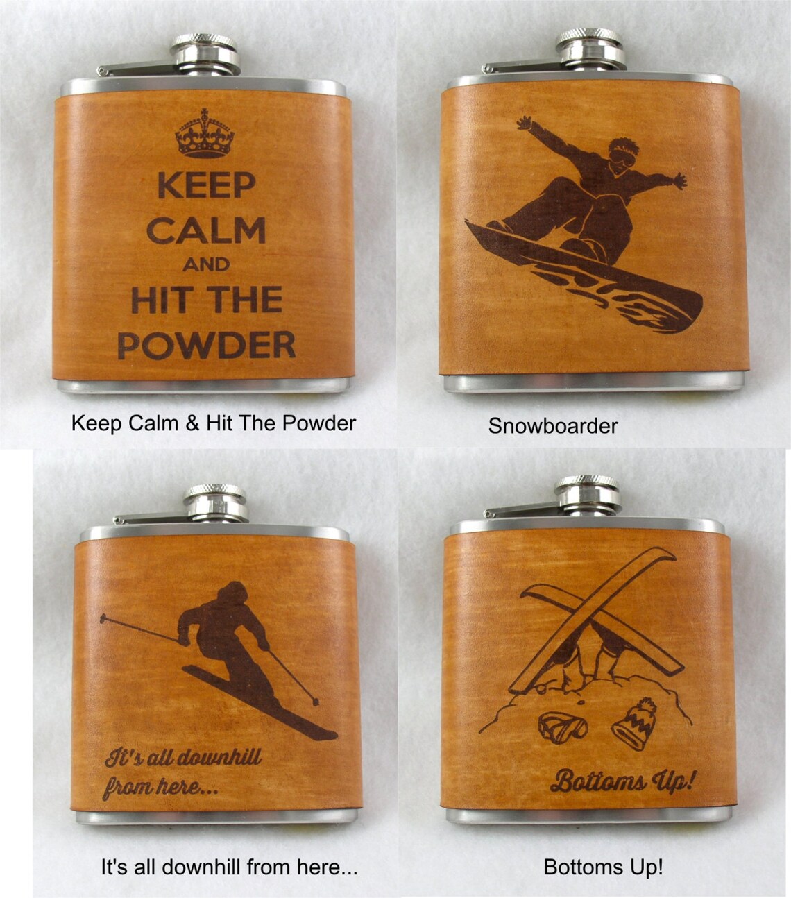 Ski Flask - Snowboard Flask With Hand Dyed Engraved Leather Wrap ...