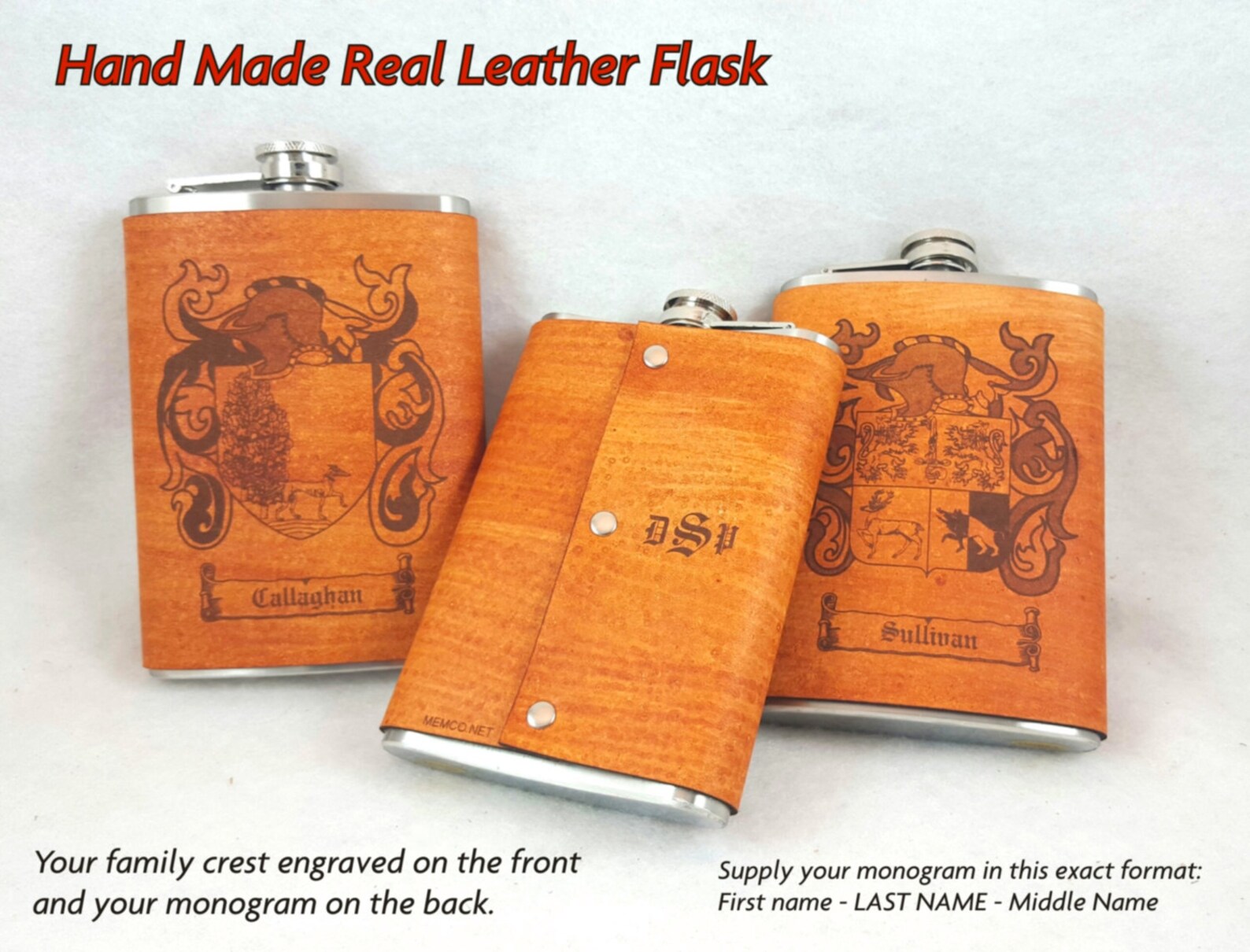 Flask With Family Crest Engraved in Leather 8 Ounce FREE - Etsy