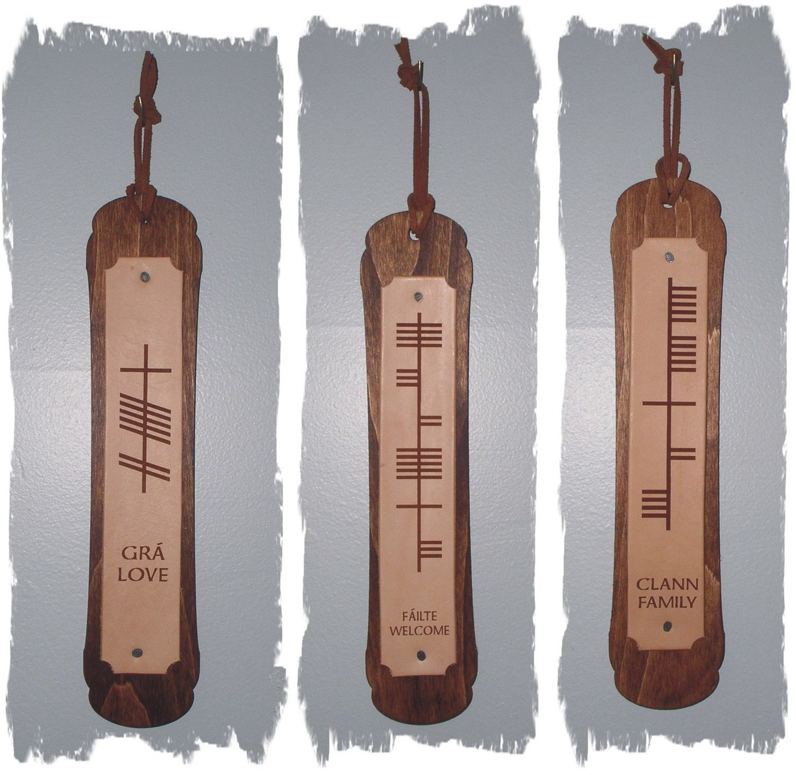 Irish Celtic Leather and Wood Ogham Sign - Hand Cut Stone - Engraved ...