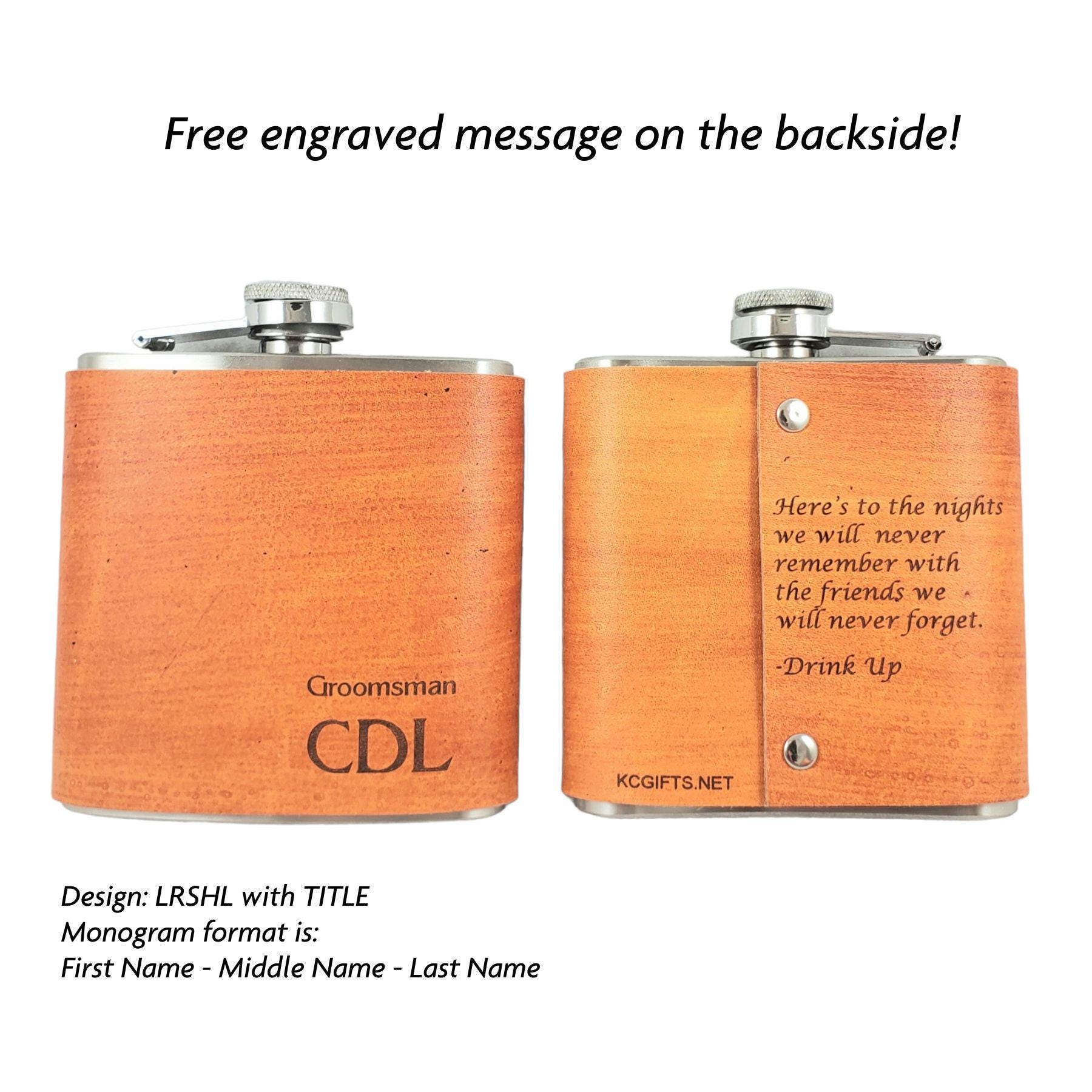 5 Groomsmen Flasks With Hand Dyed Engraved Leather Wrap - Stainless ...