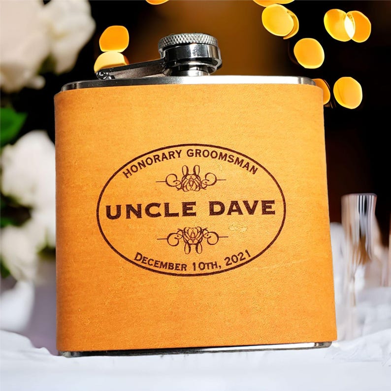 5 Groomsmen Flasks With Hand Dyed Engraved Leather Wrap - Stainless ...