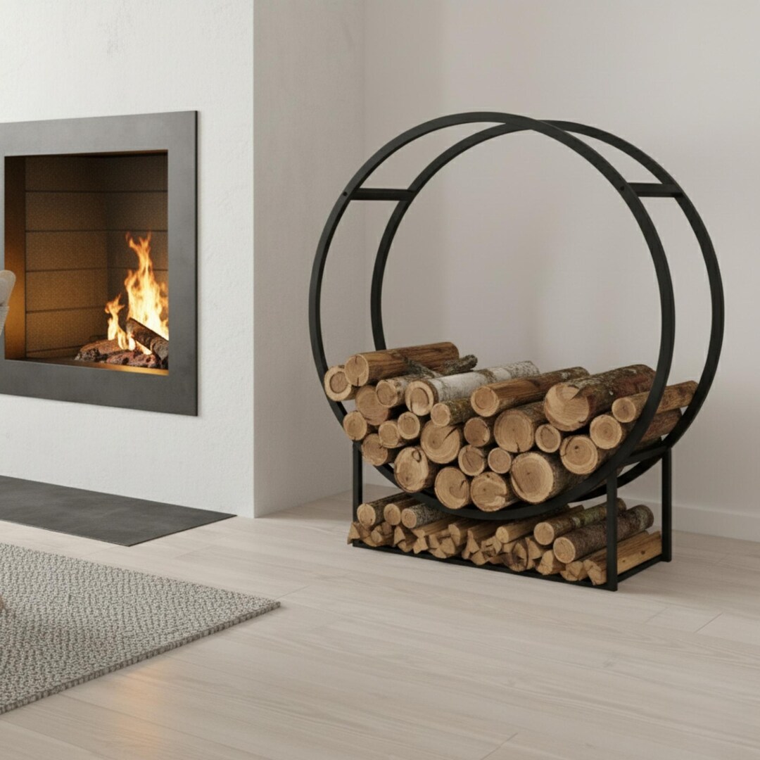 Round Metal Firewood Rack, Modern Style, Indoor Fireplace Log Holder ...