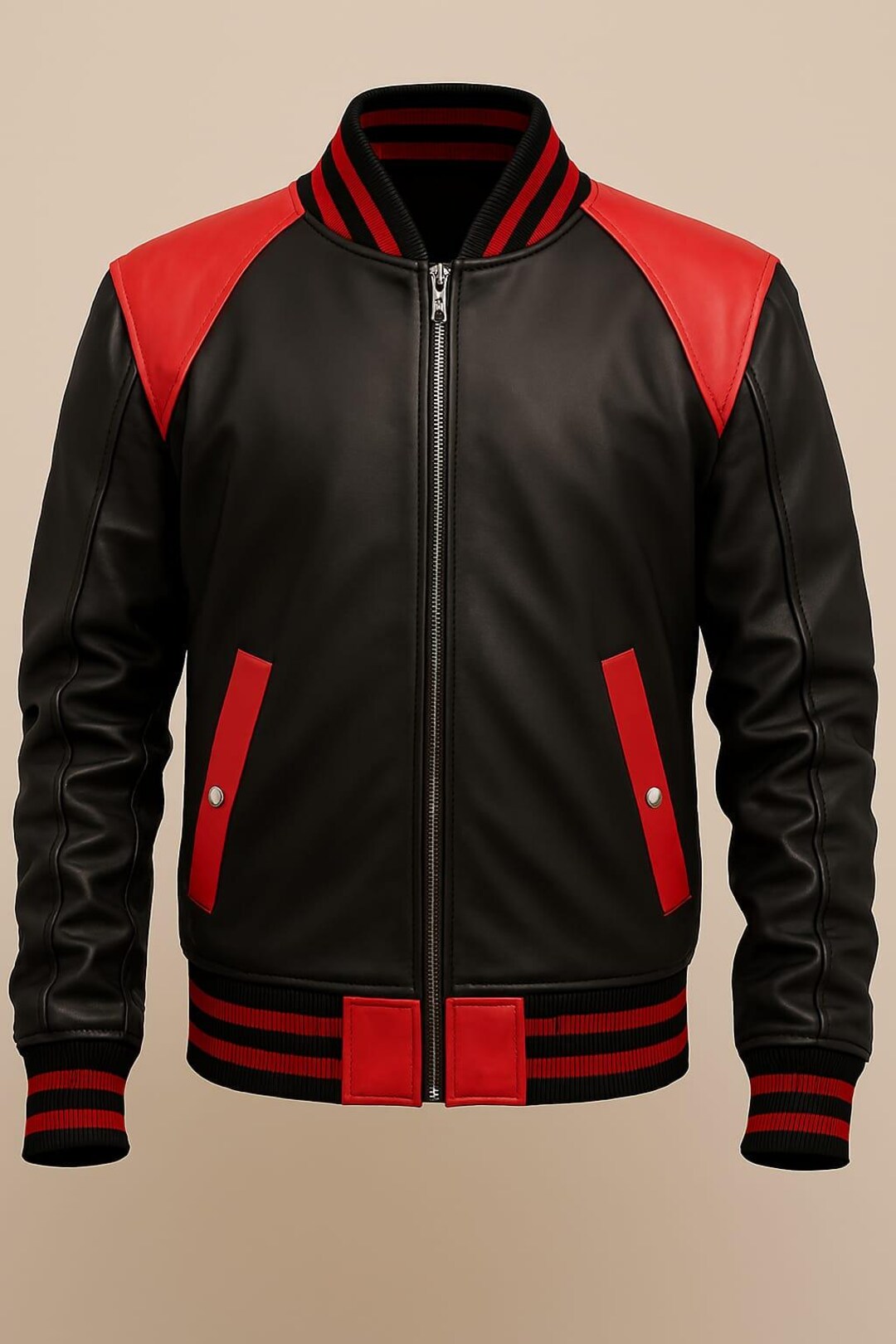 Men Leather Bomber Jacket Black and Red Varsity Jacket, Gents Genuine ...