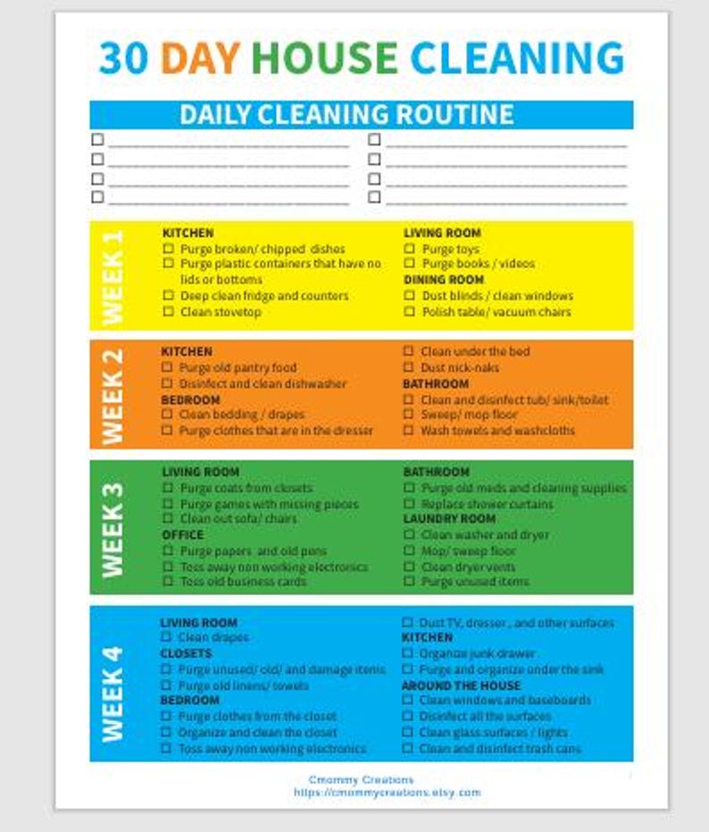 30 Day Colored Cleaning Schedule, Chore List, Cleaning Checklist ...