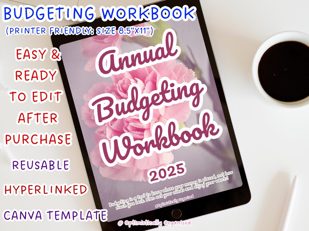 Pink Floral Budgeting Template, Annual Digital Budget Workbook ...