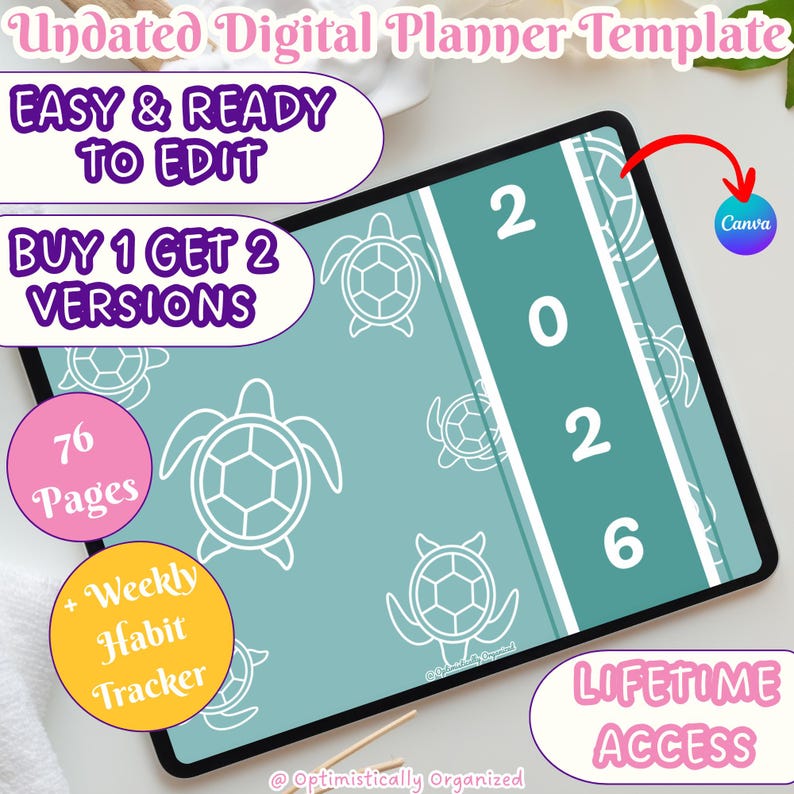 Teal Turtle Digital Planner: 2026 2027 Undated Monthly Calendar, Weekly ...