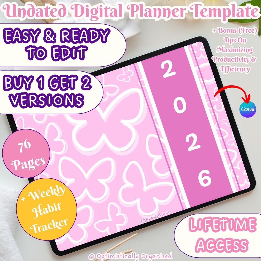 Pink Butterflies Digital Planner: 2026 2027 Undated Monthly Calendar ...