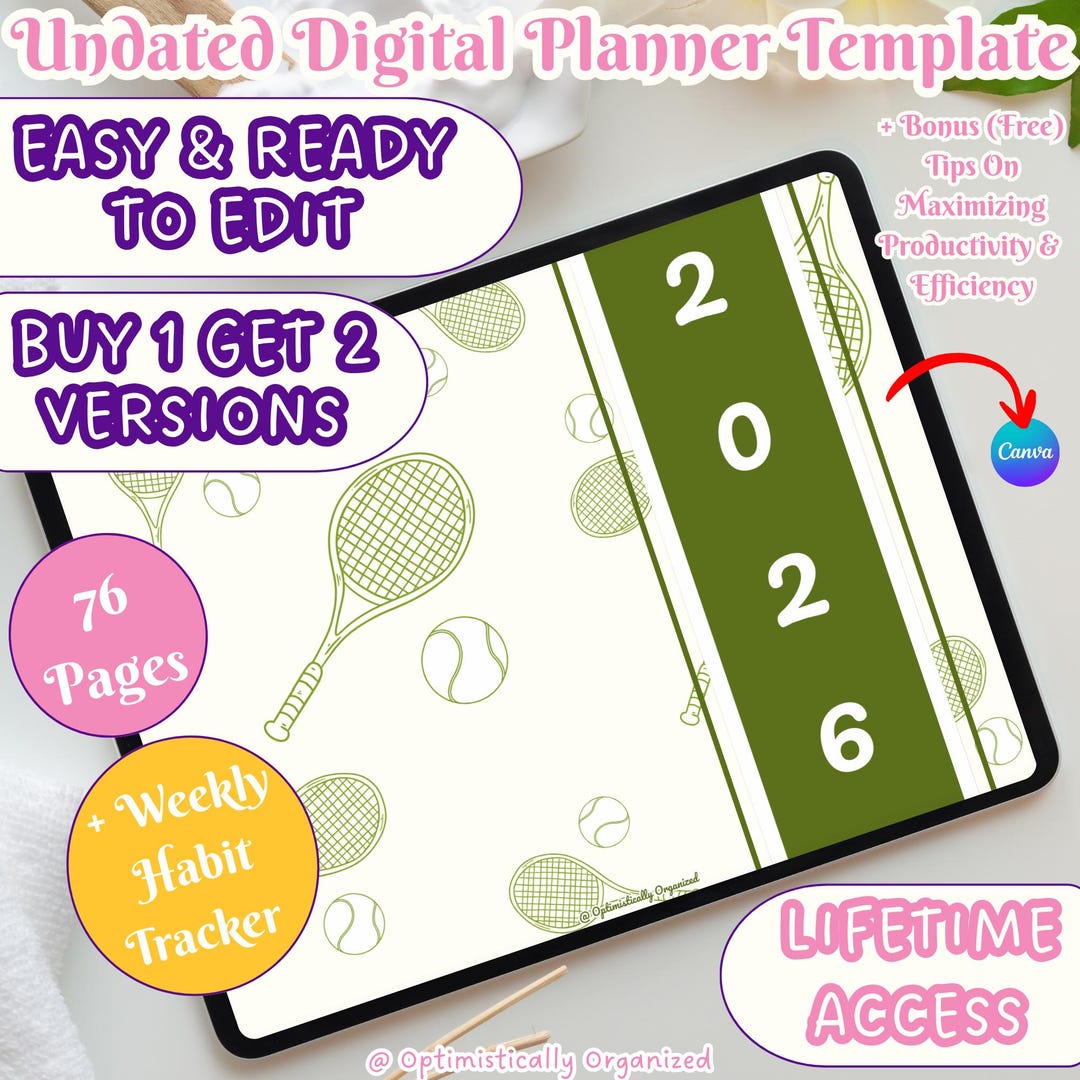 Olive Tennis Digital Planner: 2026 2027 Undated Monthly Calendar ...