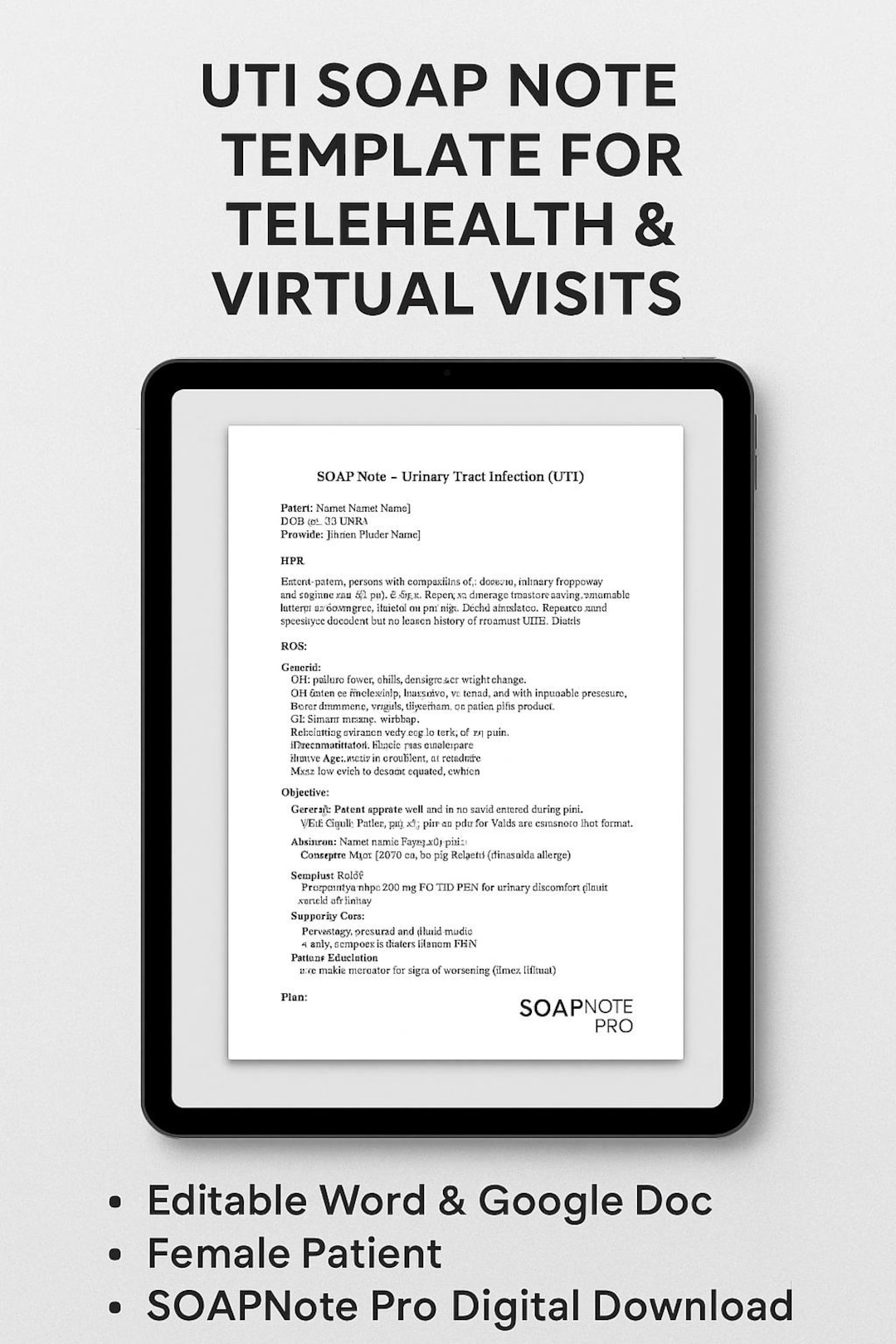 UTI SOAP Note Template for Telehealth - Virtual Visits | Editable Word ...