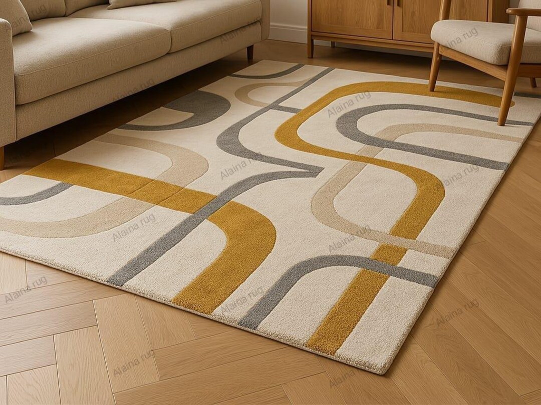 Geometric Hand Tufted Rug: Modern Curve Design, Yellow Gray Beige - Etsy