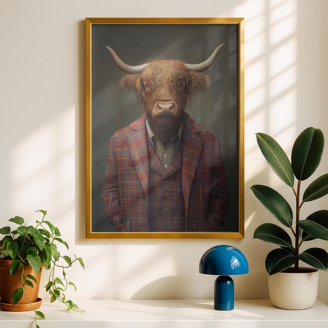 Highland Cow Print: Anthropomorphic Farmhouse Art in Red Plaid Suit - Etsy