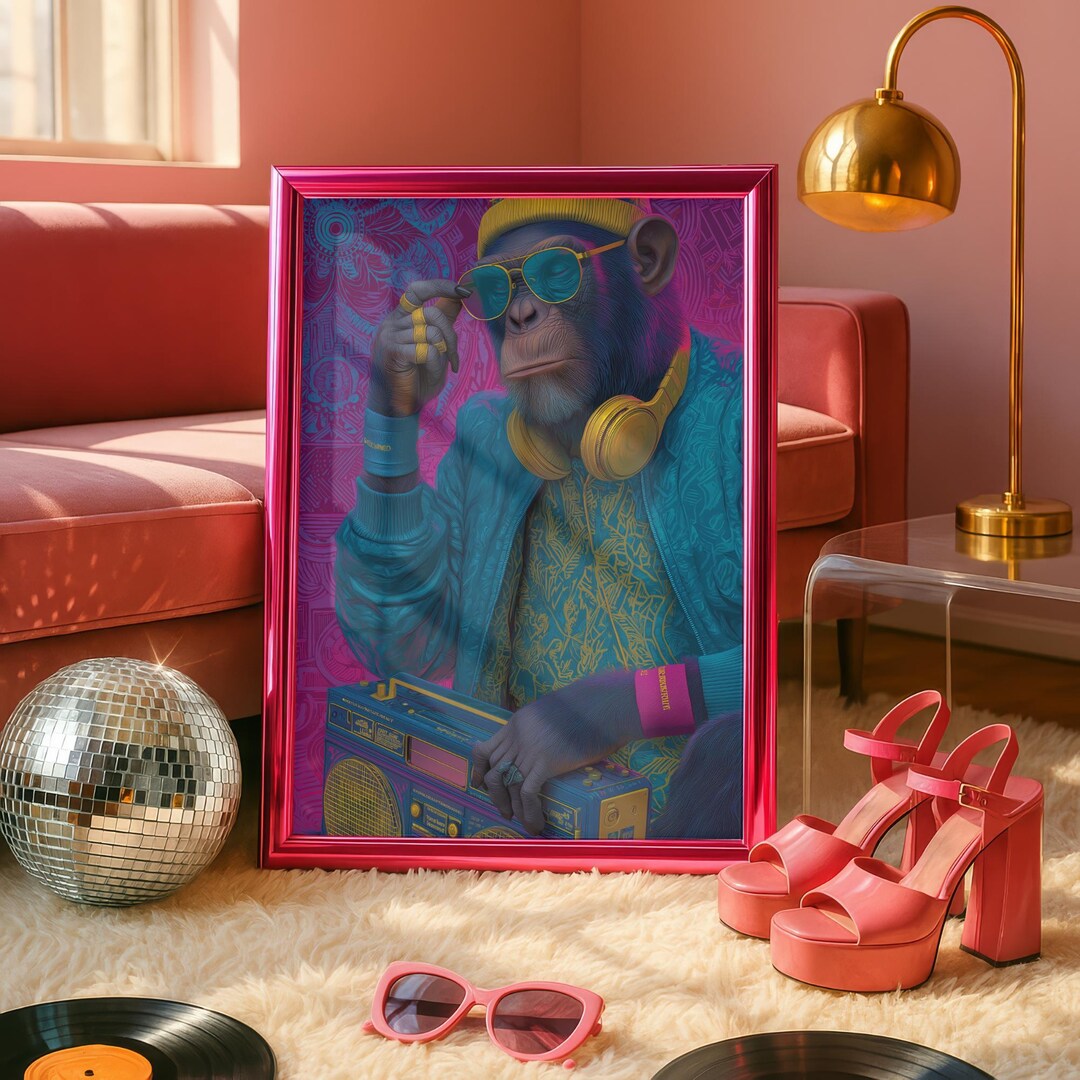 Retro Boombox Chimp Print: 80s Breakdancer, Neon Pop Art - Etsy
