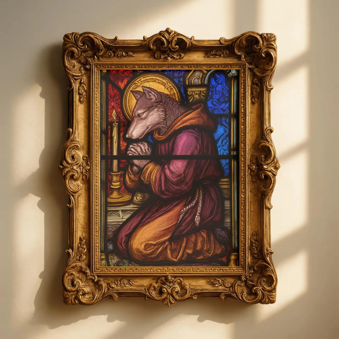 Wolf Repentant Monk Gothic Stained Glass Poster | Divine Animal Artwork ...