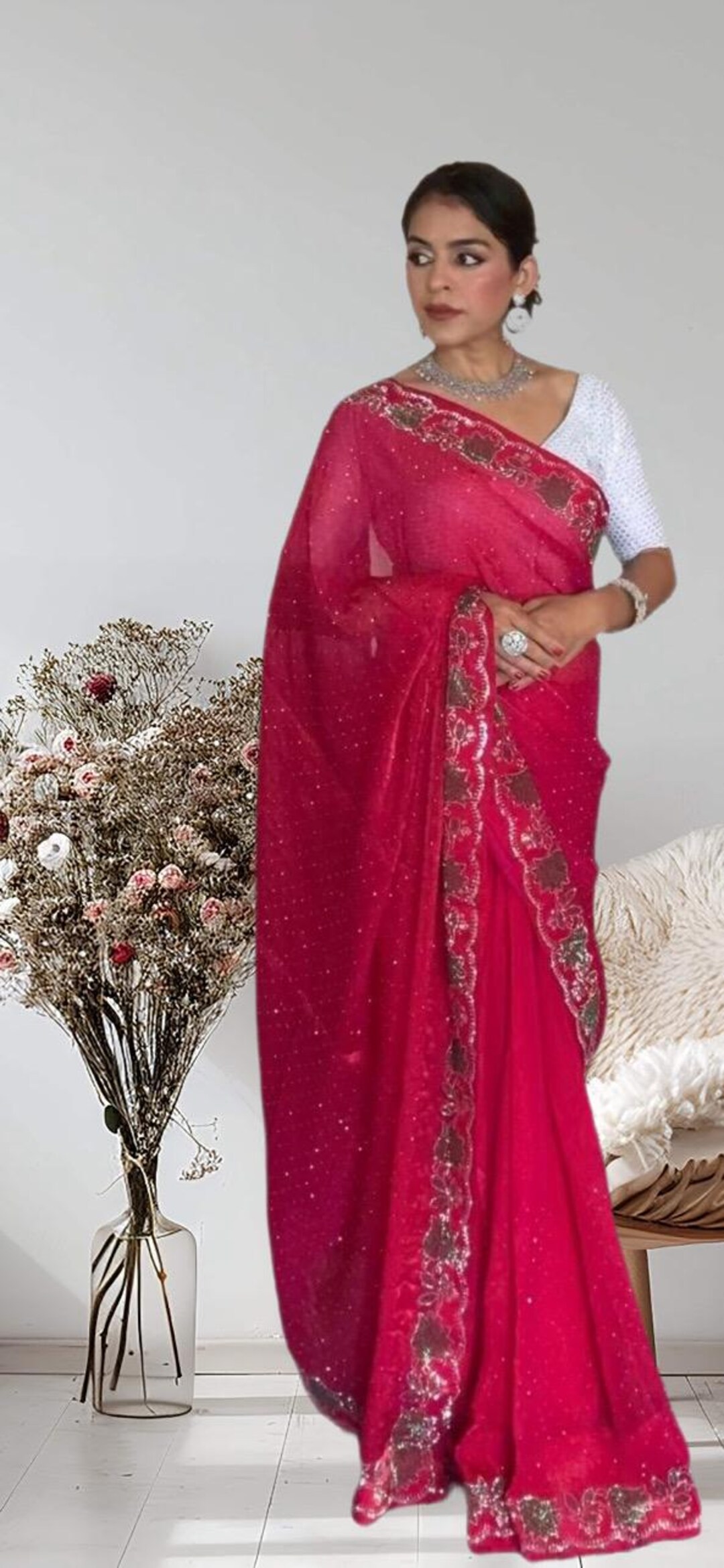 Pre-pleated Rani & Red Saree With Zarkan Work Fully Stitched Blouse - Etsy