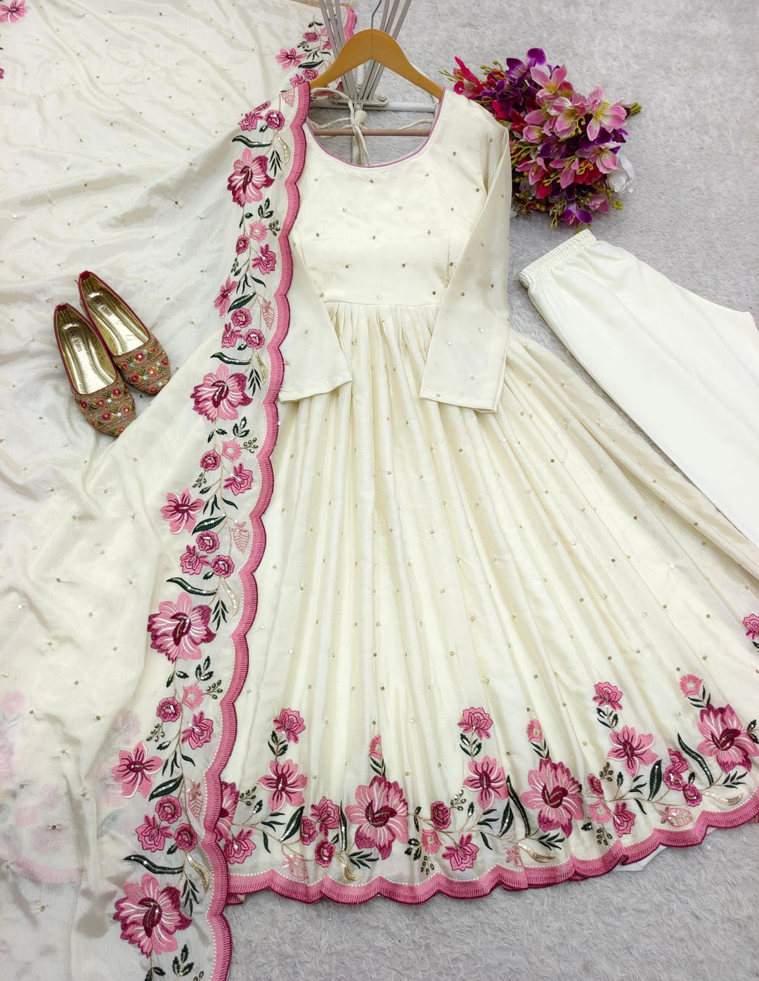 Embroidered Cinon Silk Anarkali Gown: Indian Diwali Partywear Suit - Etsy