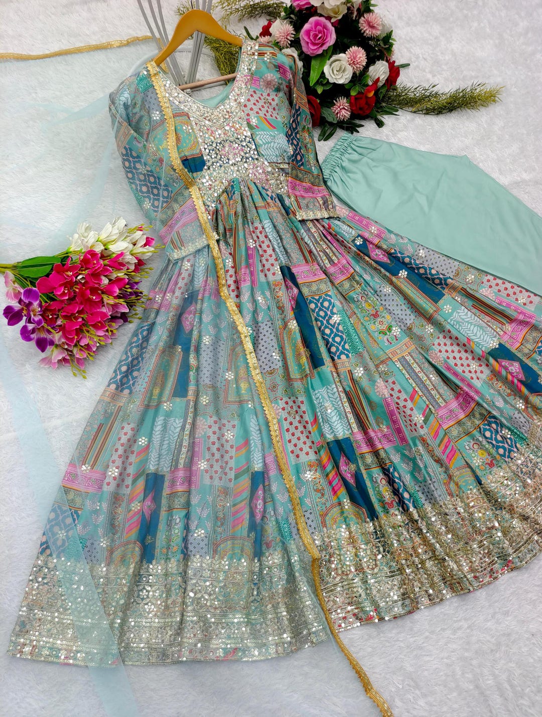 Multi Cinon Silk Anarkali Kurti Set: Embroidered Wedding Party Dress - Etsy