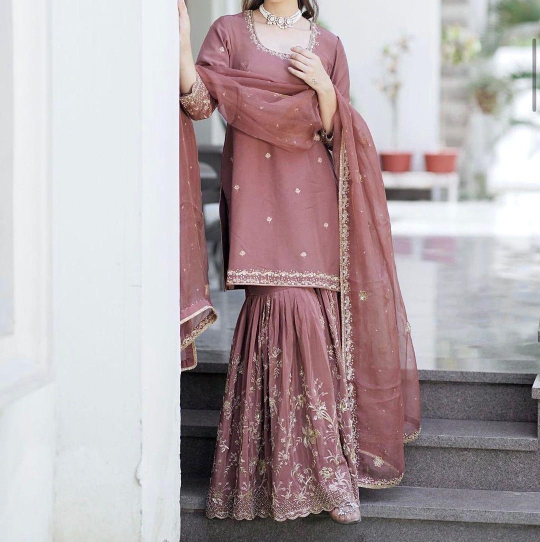 Dusty Rose Silk Sharara Suit, Embroidered Kurta, Wedding Ethnic Wear - Etsy
