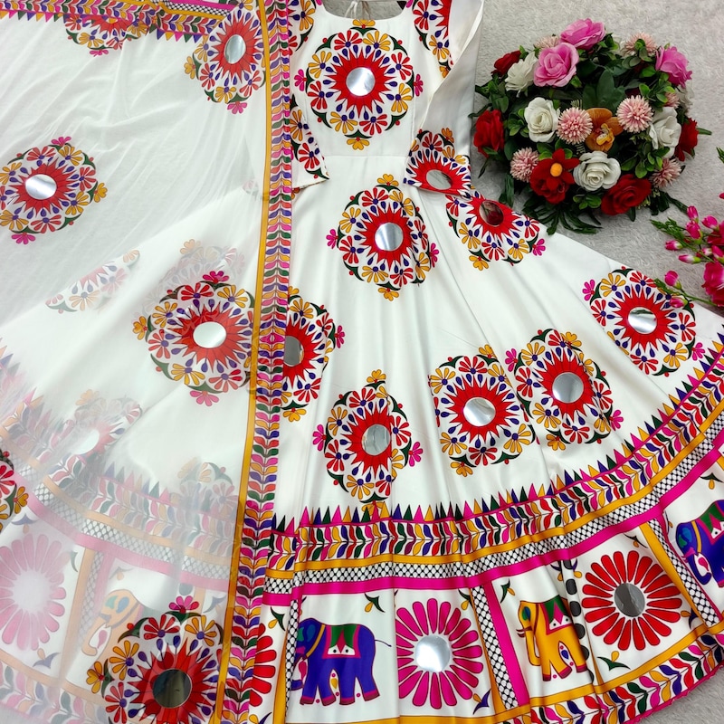 White Mirror Work Anarkali - Etsy